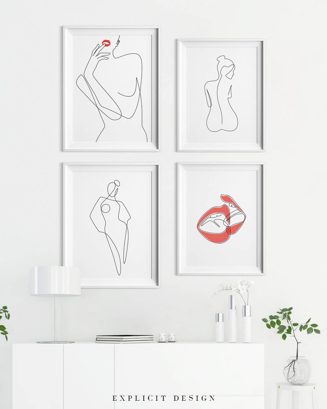 One Line Red Kiss Drawing Printable Minimalist Lip Artwork | Etsy