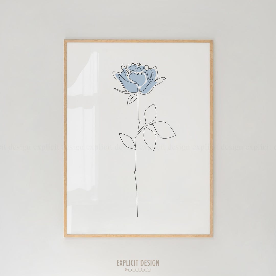Pastel Blue Rose Line Art Print: Minimalist Floral Poster (digital ...