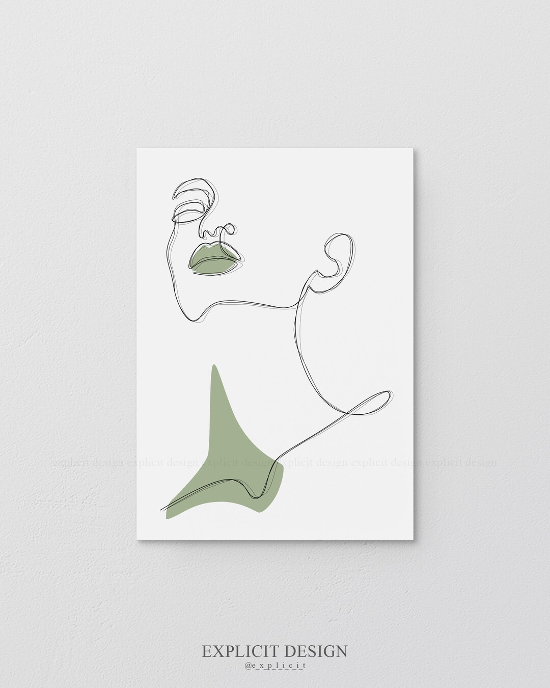 Matcha Green One Line Portrait Illustration, Minimalist Pastel Khaki ...