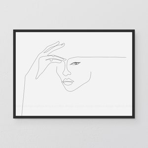 Finger Touch Contour Drawing in Line Printable Print, Hand on Face ...