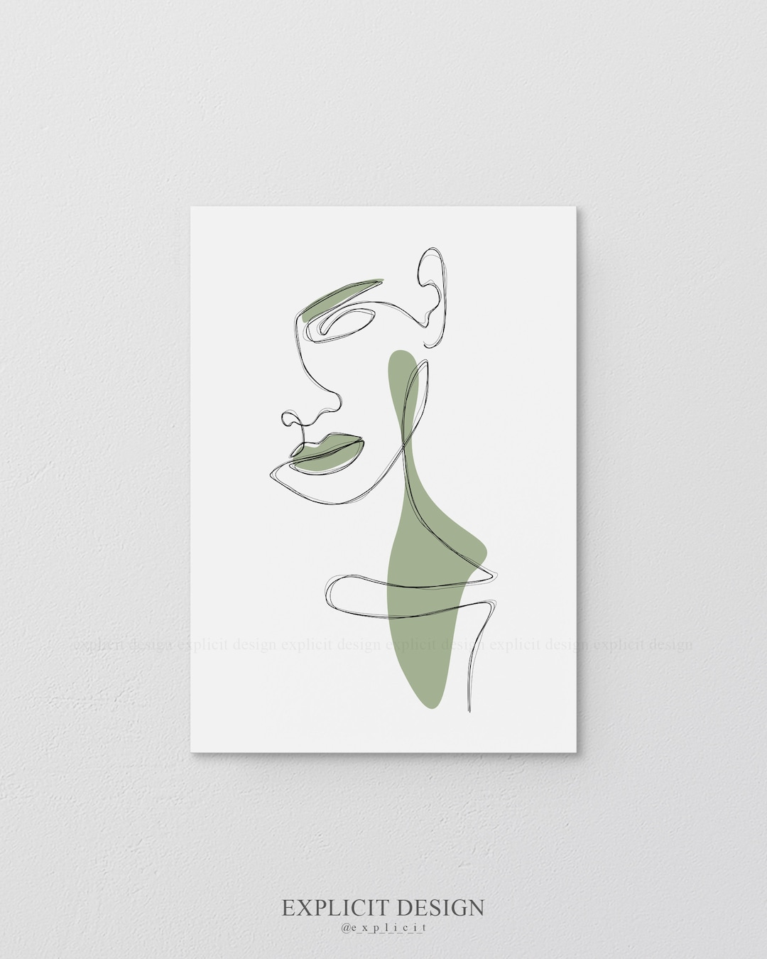 Matcha Green One Line Portrait Illustration, Minimalist Pastel Khaki ...