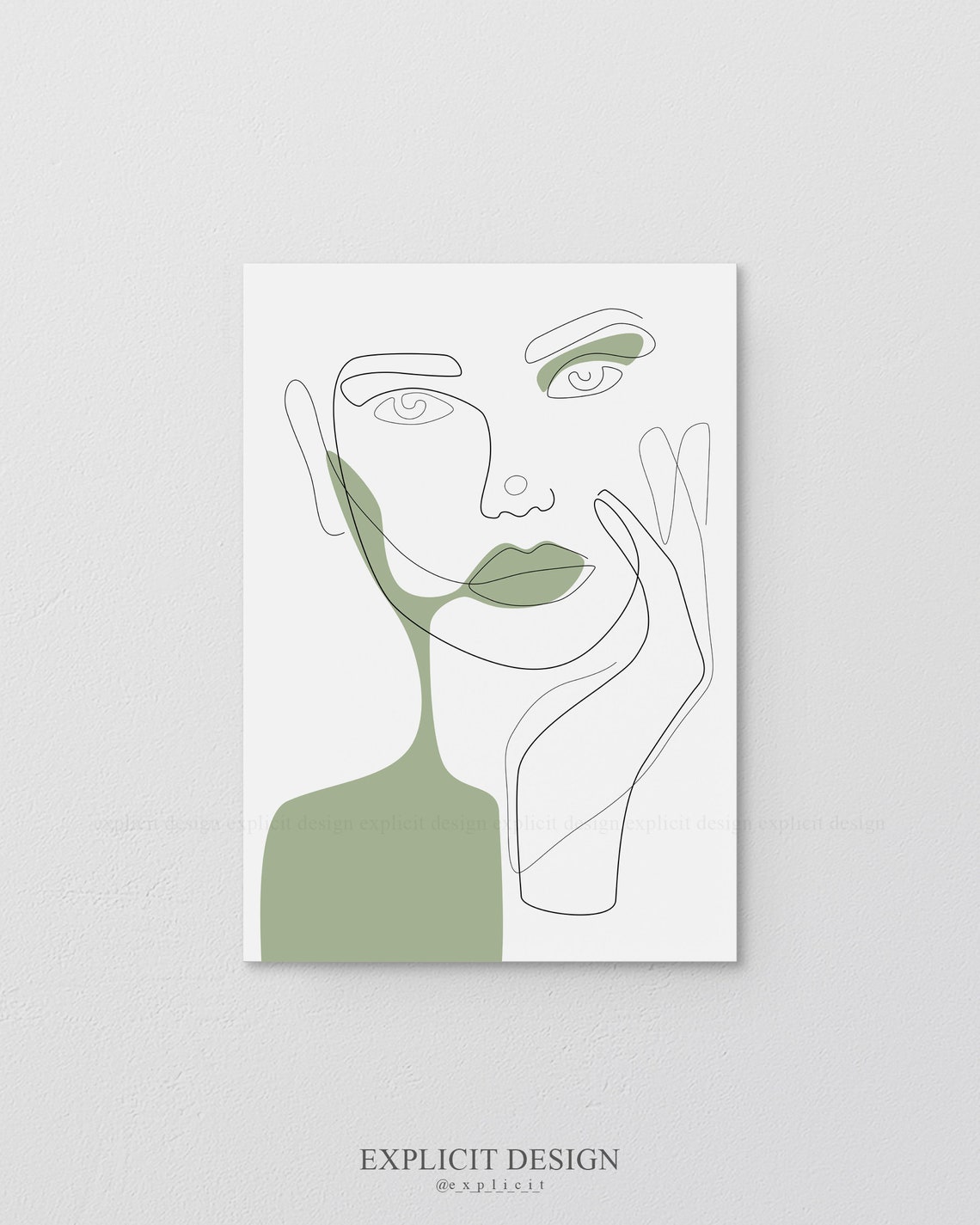 Olive Green Line Portrait Illustration, Minimalist Girl Face Art ...