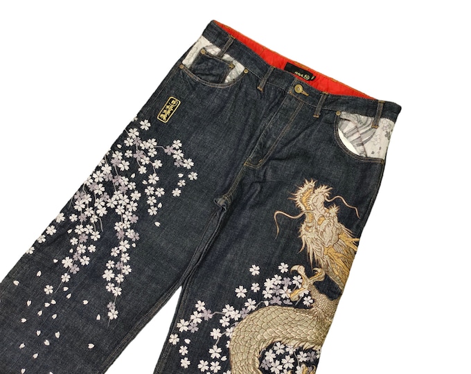 Vintage Karakuri Tamashi Dragon & Sakura Embroidered Baggy Jeans ...