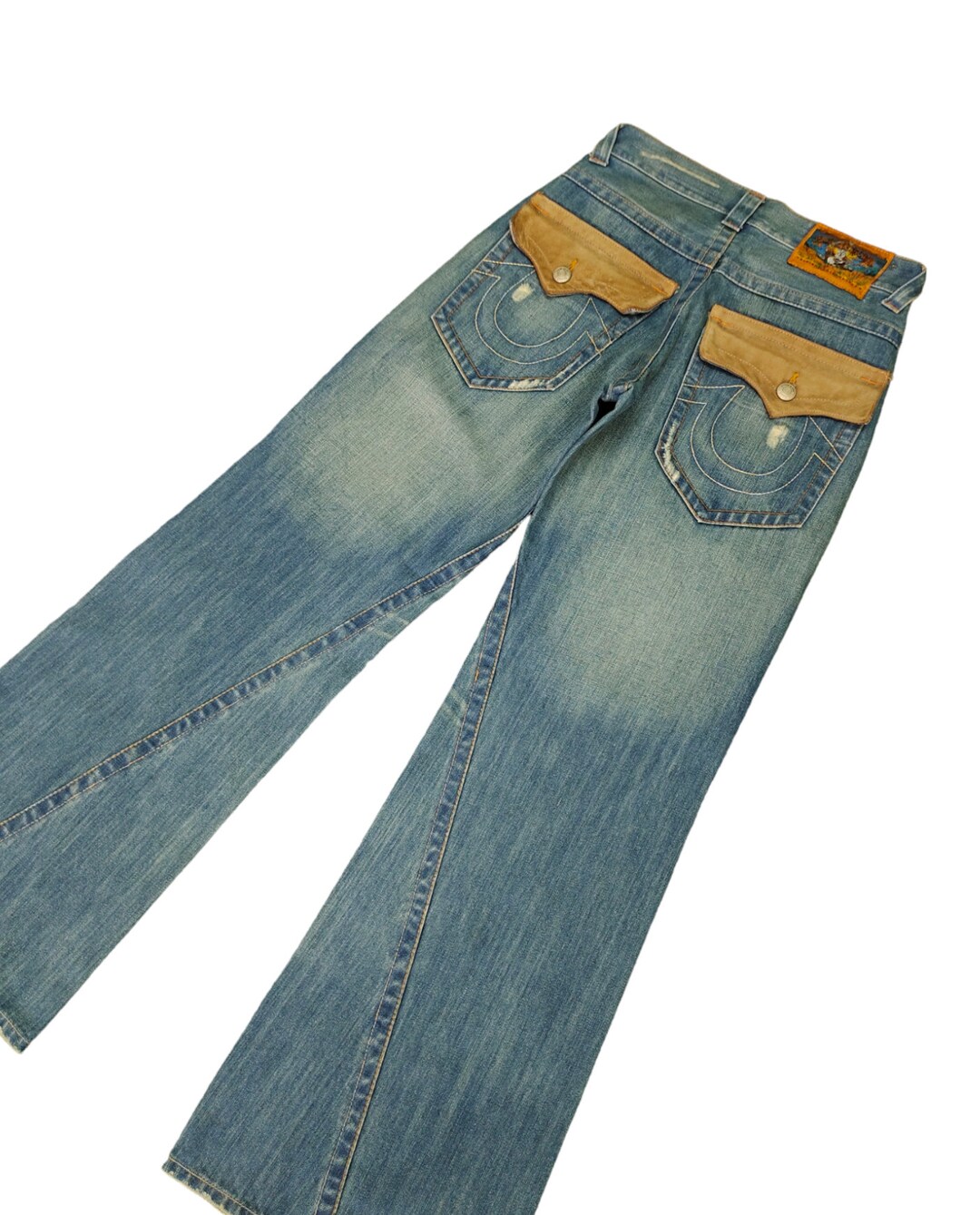 W30x32 Baggy Flare Jeans True Religion Leather Trim Denim Wide Leg ...