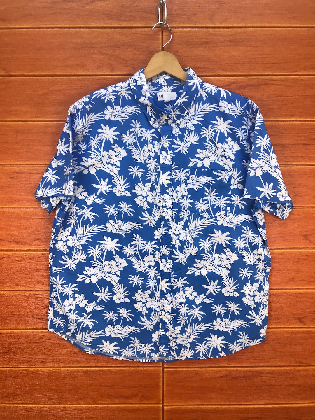Gap Hawaiian Shirt: Coconut Tree Floral Print, Blue Aloha Shirt (size ...