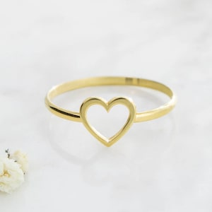 Gold Heart Frame Ring, 9K 14K 18K Gold Ring, Yellow Gold, Delicate Love Band, Romantic Gift for ...
