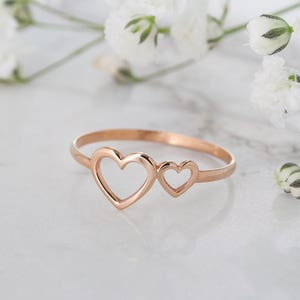 Double Heart Ring, 9K 14K 18K Gold Ring, Rose Gold, Two Hearts Frame ...