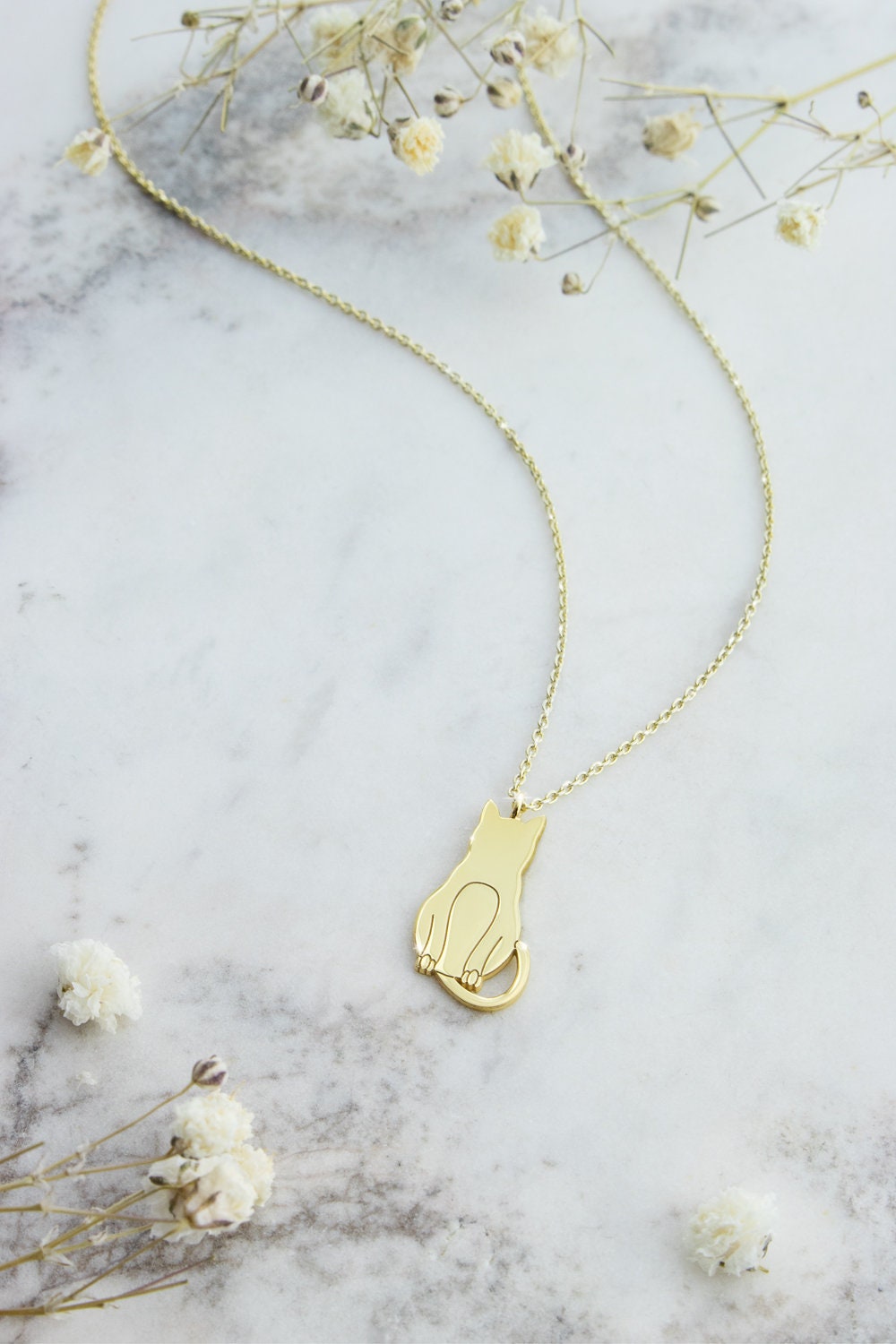 Gold Cat Necklace Engraved Cat Charm 9K 14K 18K Gold | Etsy