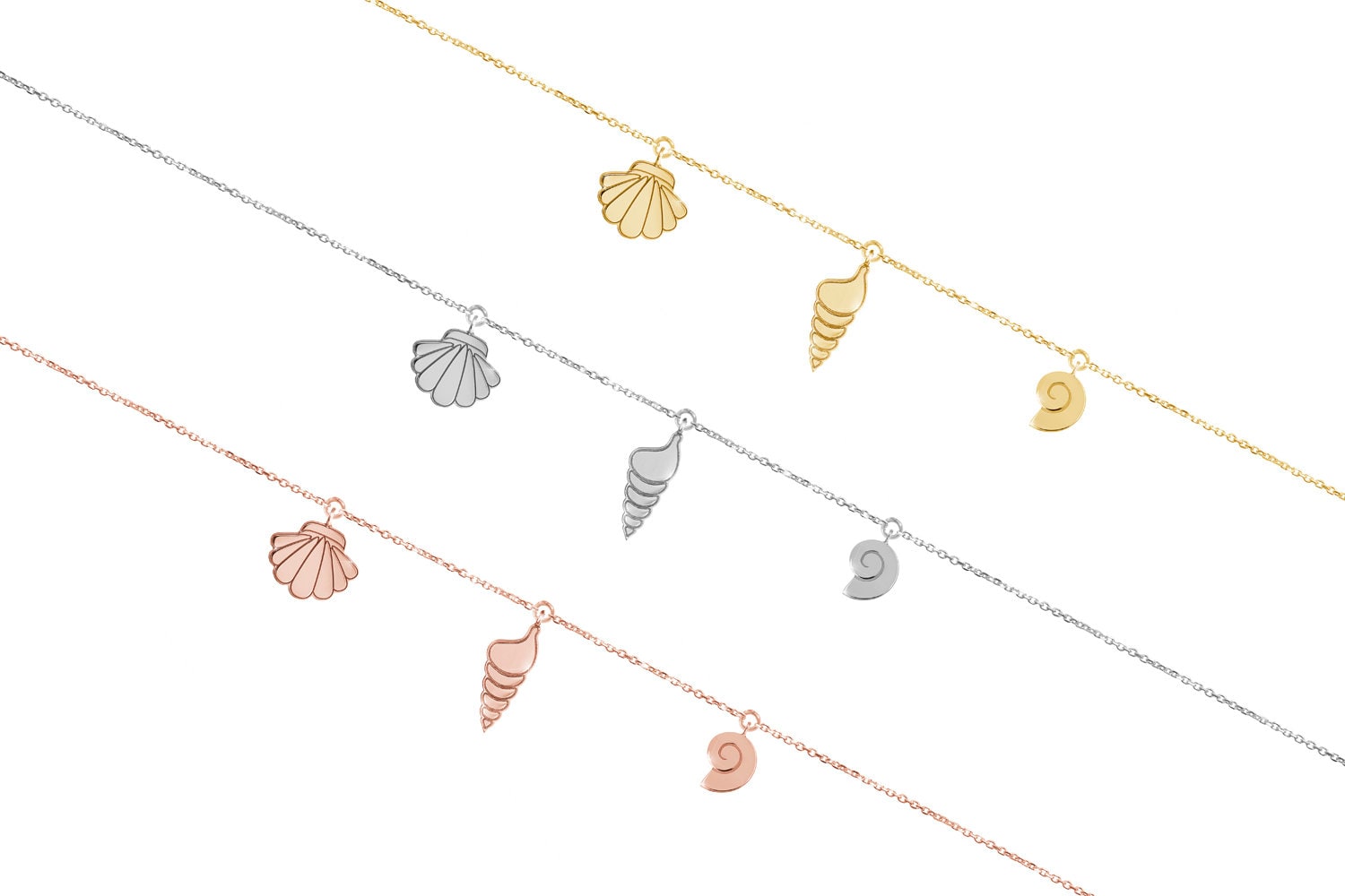 Multi Sea Shells Bracelet, 9K 14K 18K Rose Gold Bracelet, Solid Gold ...