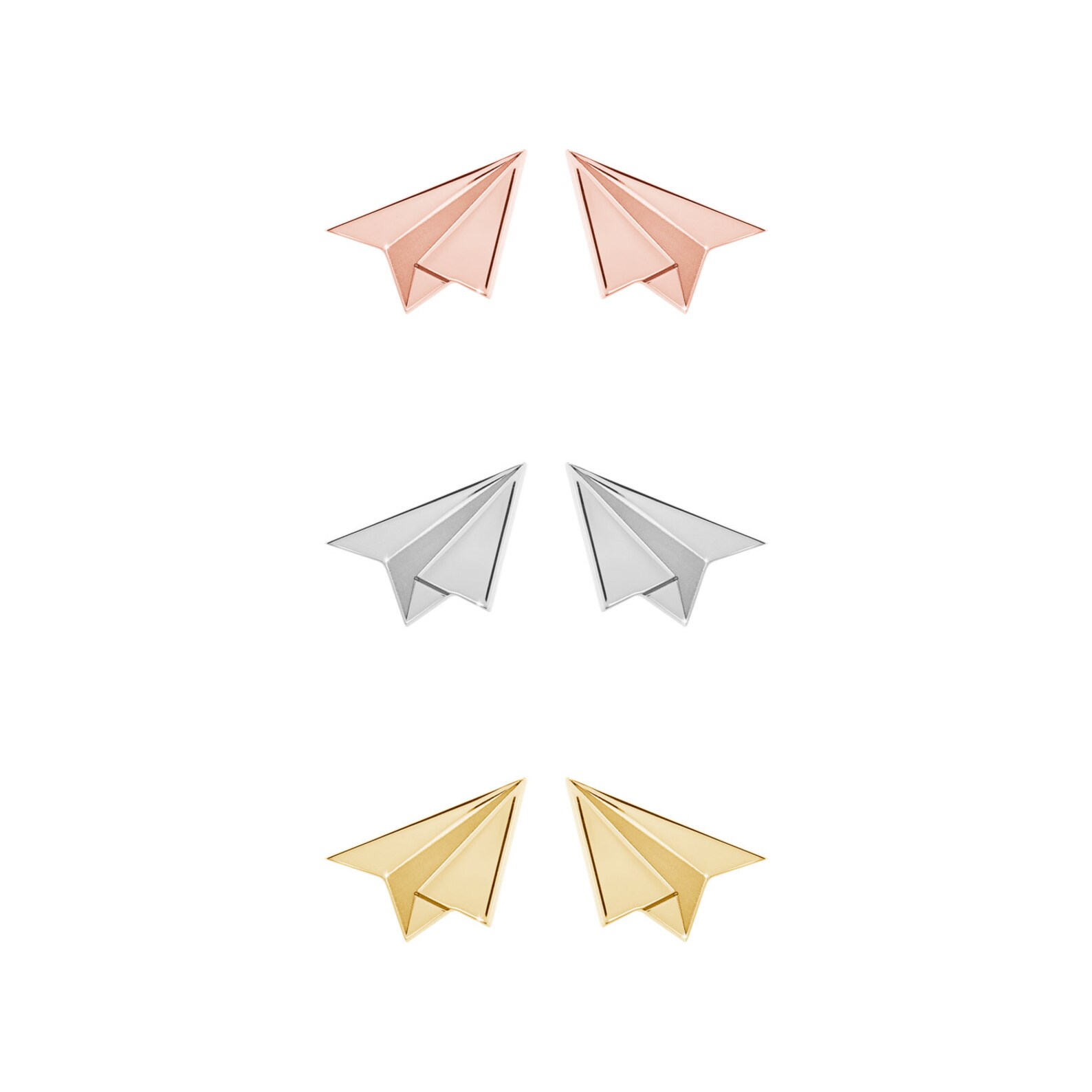 Flat Paper Plane Gold Studs, 2D Optical Illusion Earrings, 9K 14K 18K ...