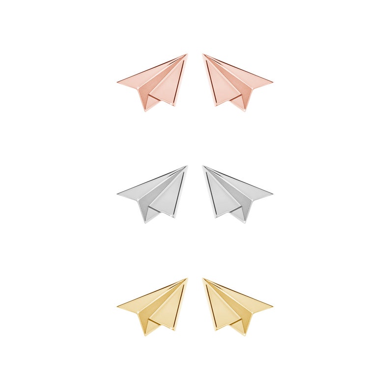 Flat Paper Plane Gold Studs, 2D Optical Illusion Earrings, 9K 14K 18K ...