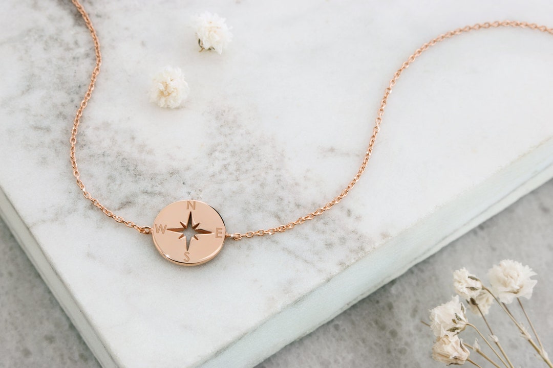 Tiny Gold Compass, 9K 14K 18K Gold Bracelet, Rose Gold, Small Compass ...