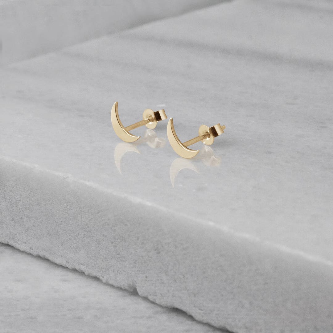 Gold Half Moon Earrings, Tiny Crescent Moon Studs, 9K 14K 18K Gold ...