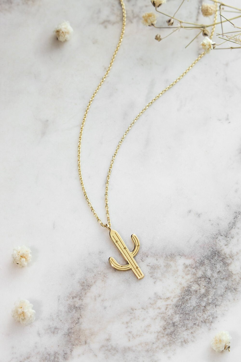 Gold Cactus Charm Necklace Dainty Solid Gold Charm 9K 14K | Etsy