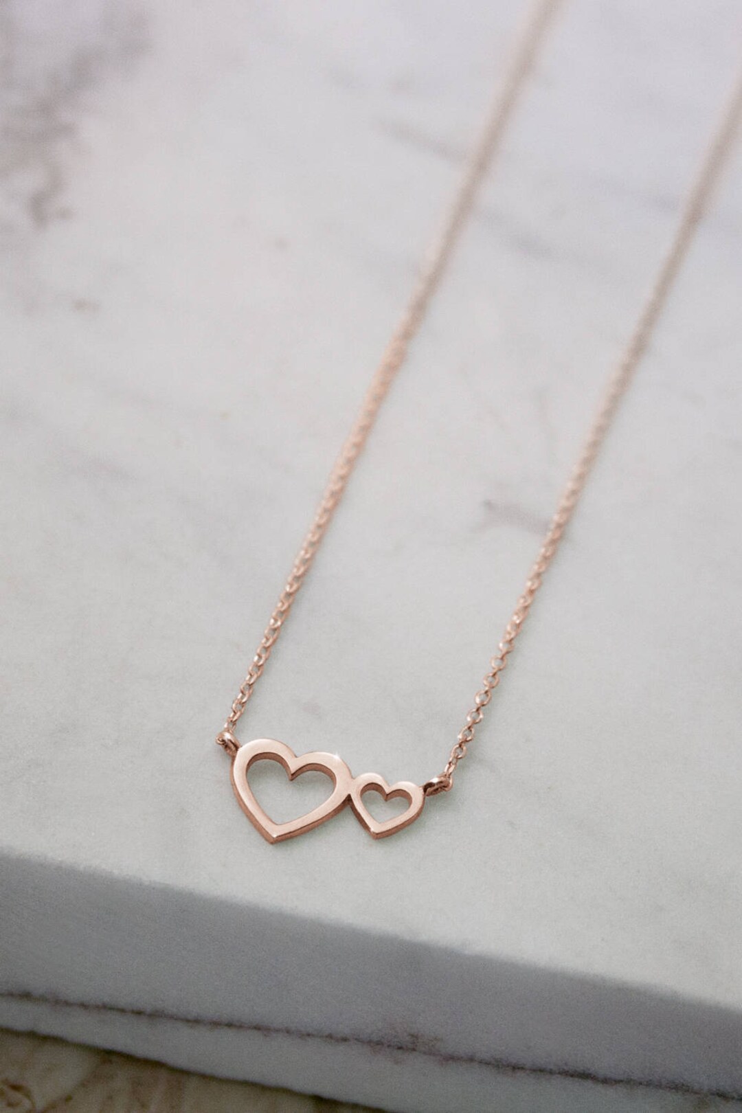 Double Heart Necklace, Romantic Pendant, 9K 14K 18K Rose Gold Necklace ...