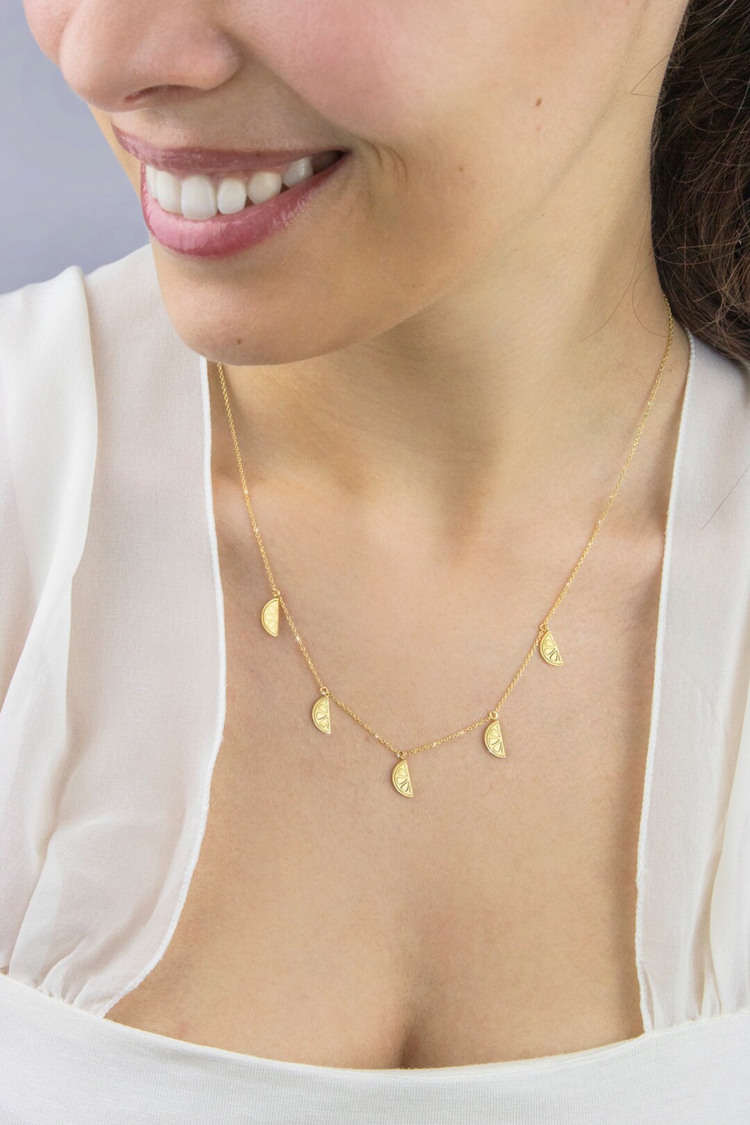 Gold Lemon Charms Necklace, 9K 14K 18K Yellow Gold Necklace, Multi ...