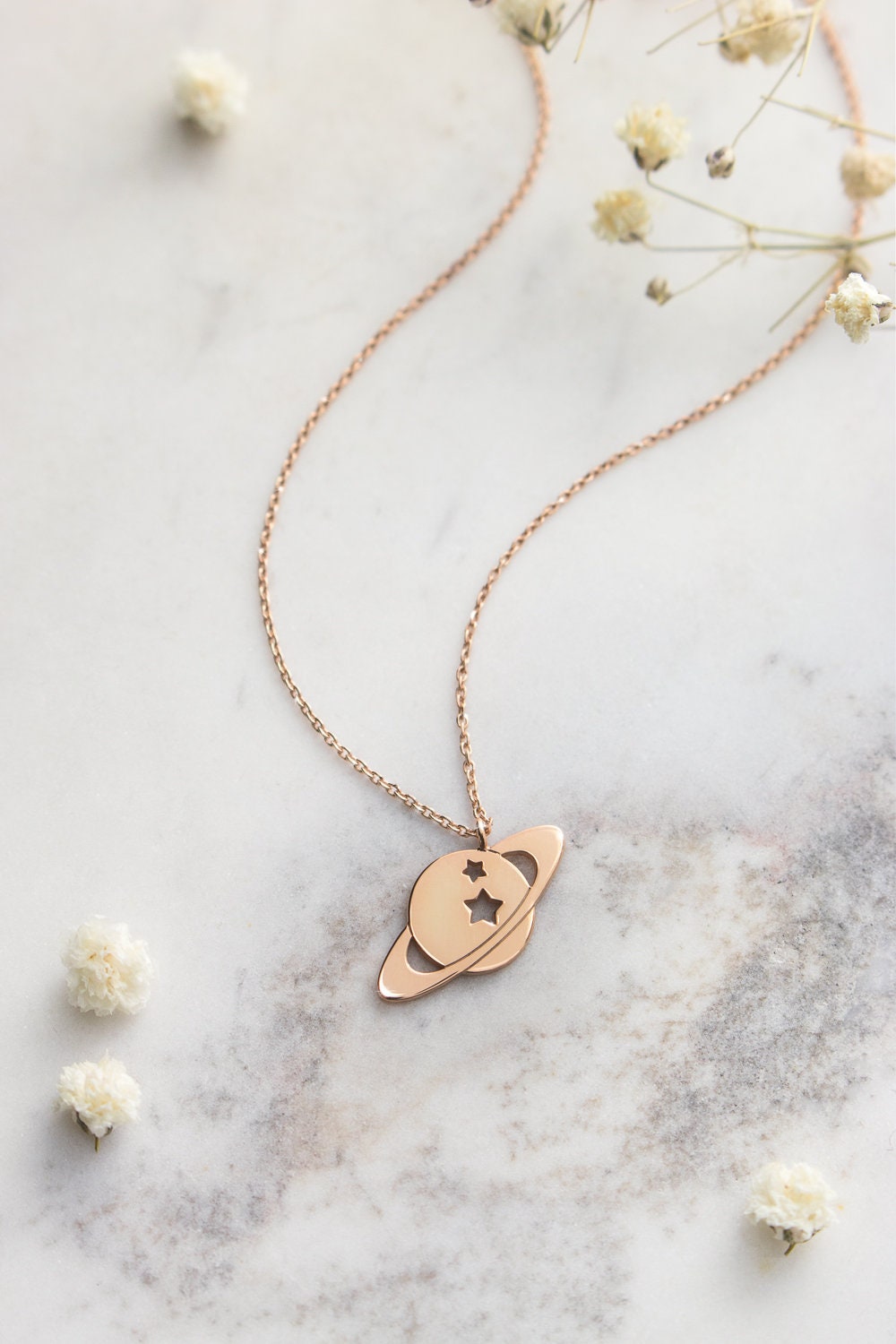 Solid Gold Saturn Pendant, 9K 14K 18K Gold Necklace, Rose Gold, Dainty ...