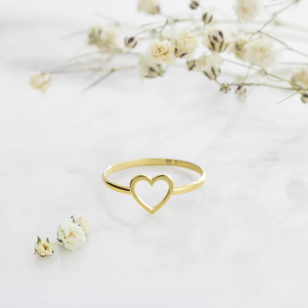 Gold Heart Frame Ring, 9K 14K 18K Gold Ring, Yellow Gold, Delicate Love Band, Romantic Gift for ...