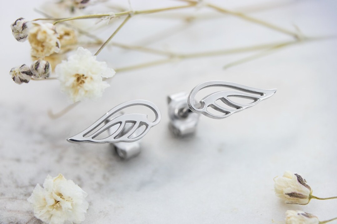 Tiny Angel Wings Earrings, 9K 14K 18K Gold Earrings, White Gold, Small ...