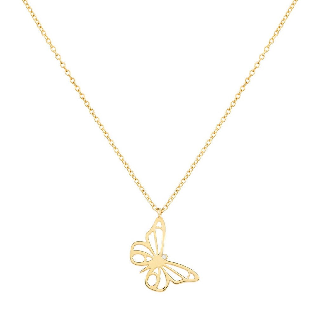 Butterfly Gold Pendant, Tiny White Diamond, 9K 14K 19K Gold Necklace ...