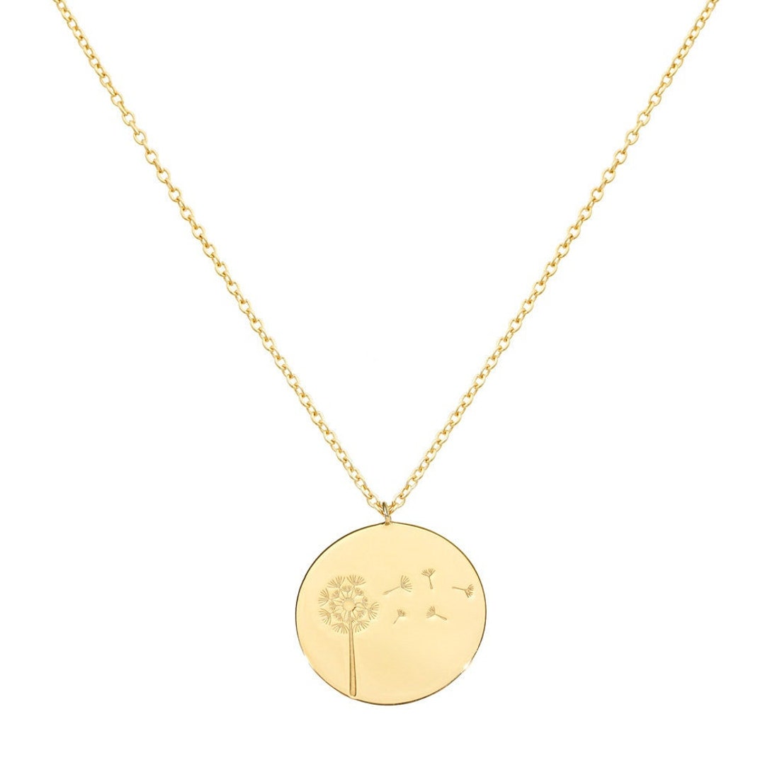 Engraved Dandelion Pendant, Solid Gold Charm Necklace, Personalized ...