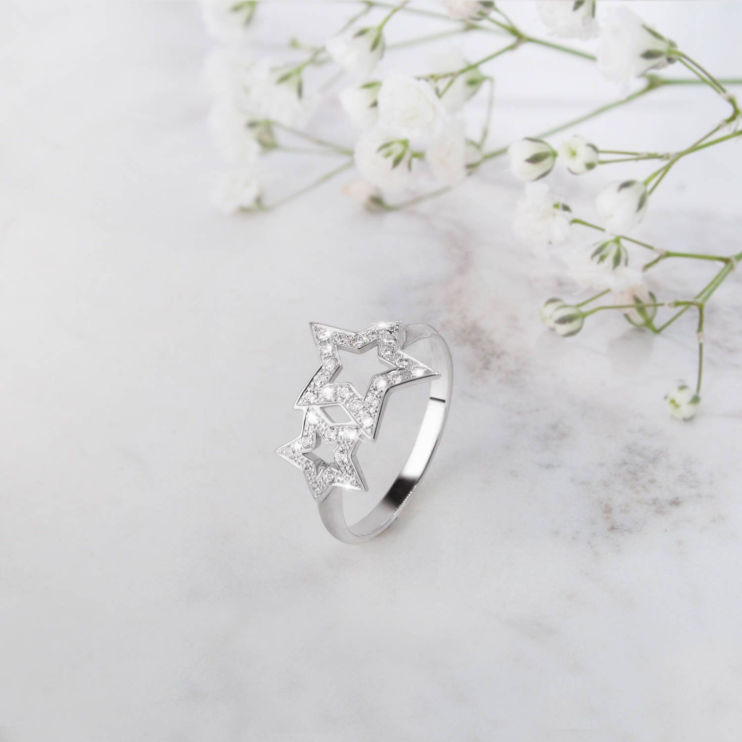 Gold Diamond Star Ring Double Star Design Band 9K 14K 18K | Etsy