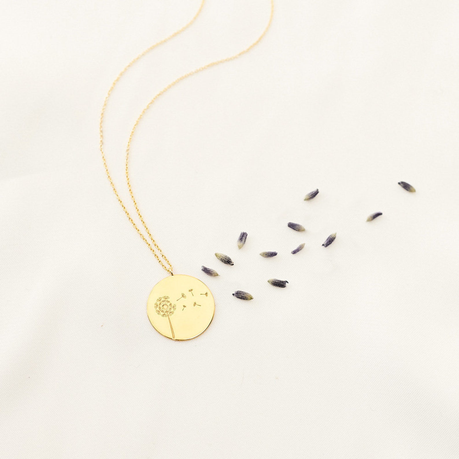 Engraved Dandelion Pendant, Solid Gold Charm Necklace, Personalized ...