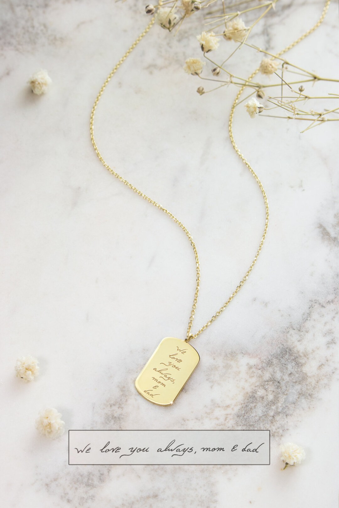 Gold Handwritten ID Charm, 9K 14K 18K Yellow Gold Necklace, Engraved ID ...