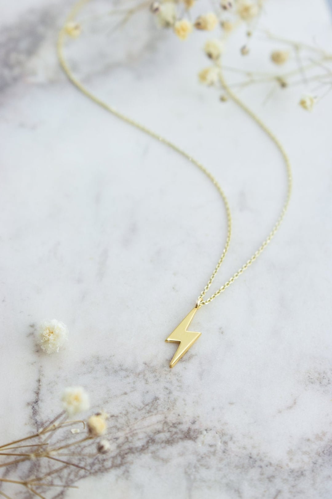 Tiny Lightning Bolt Pendant, 9K 14K 18K Gold Necklace, Lightning ...