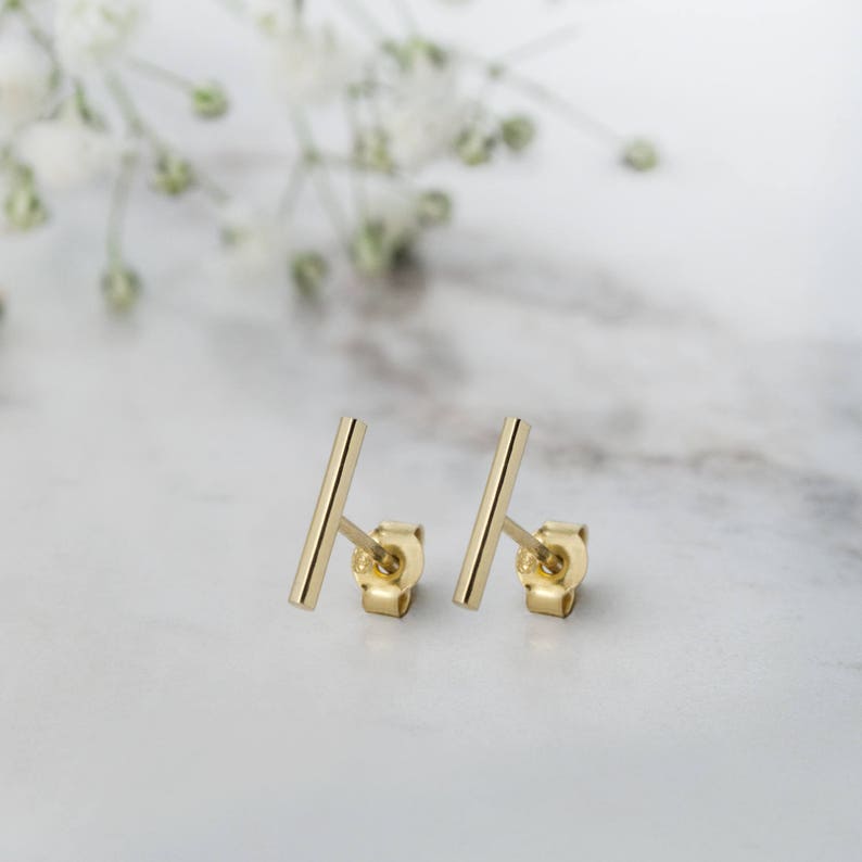 Small Bar Earrings Solid Gold Bar Studs 9K 14K 18K Gold | Etsy