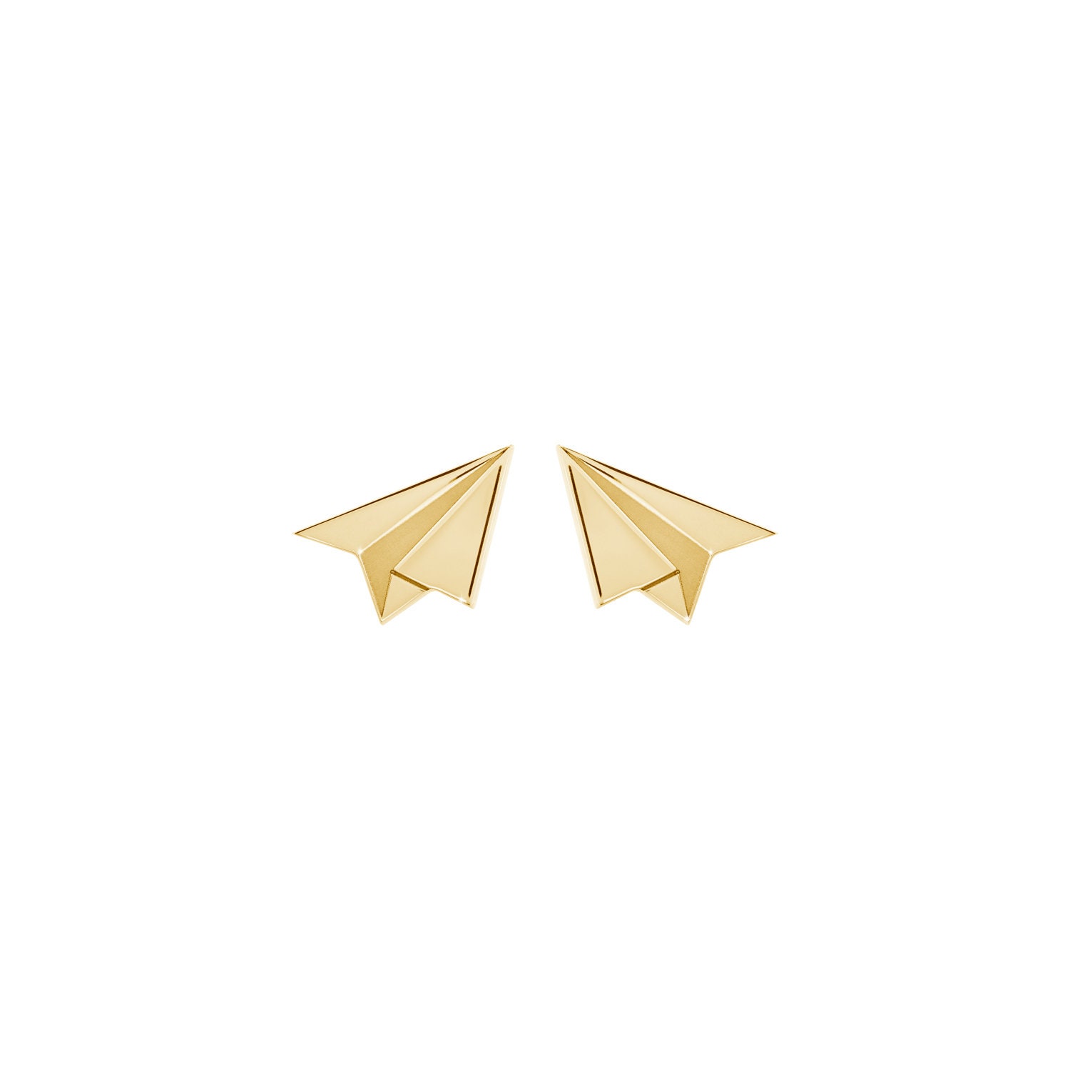 Flat Paper Plane Gold Studs, 2D Optical Illusion Earrings, 9K 14K 18K ...