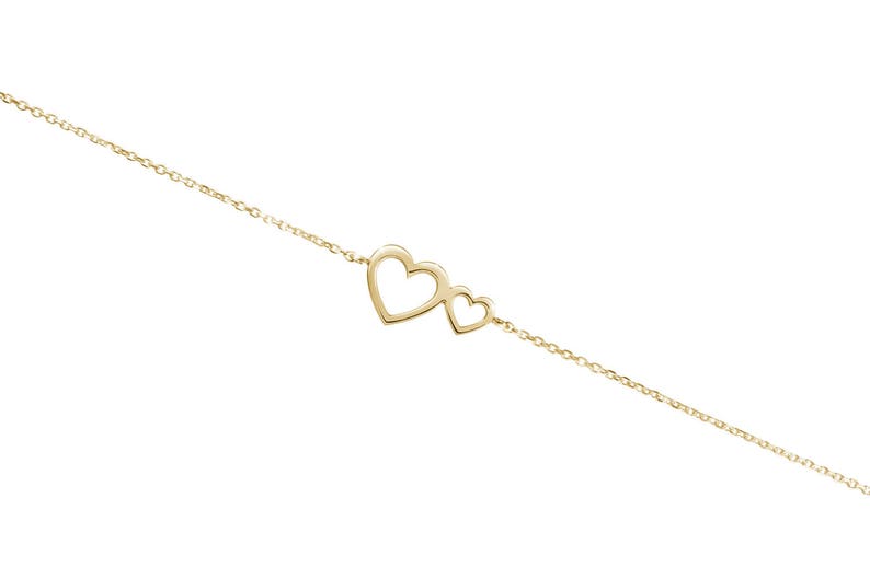 Romantic Two Heart Bracelet, 9K 14K 18K Yellow Gold Bracelet, Attached ...