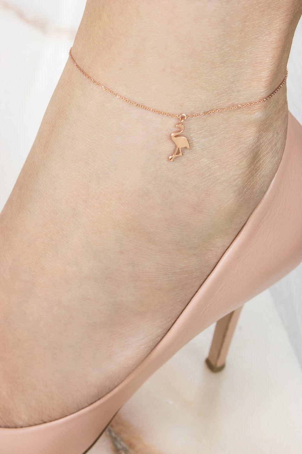 Tiny Flamingo Anklet, 9K 14K 18K Rose Gold Anklet, Solid Gold Flamingo, Dainty Summer Anklet ...
