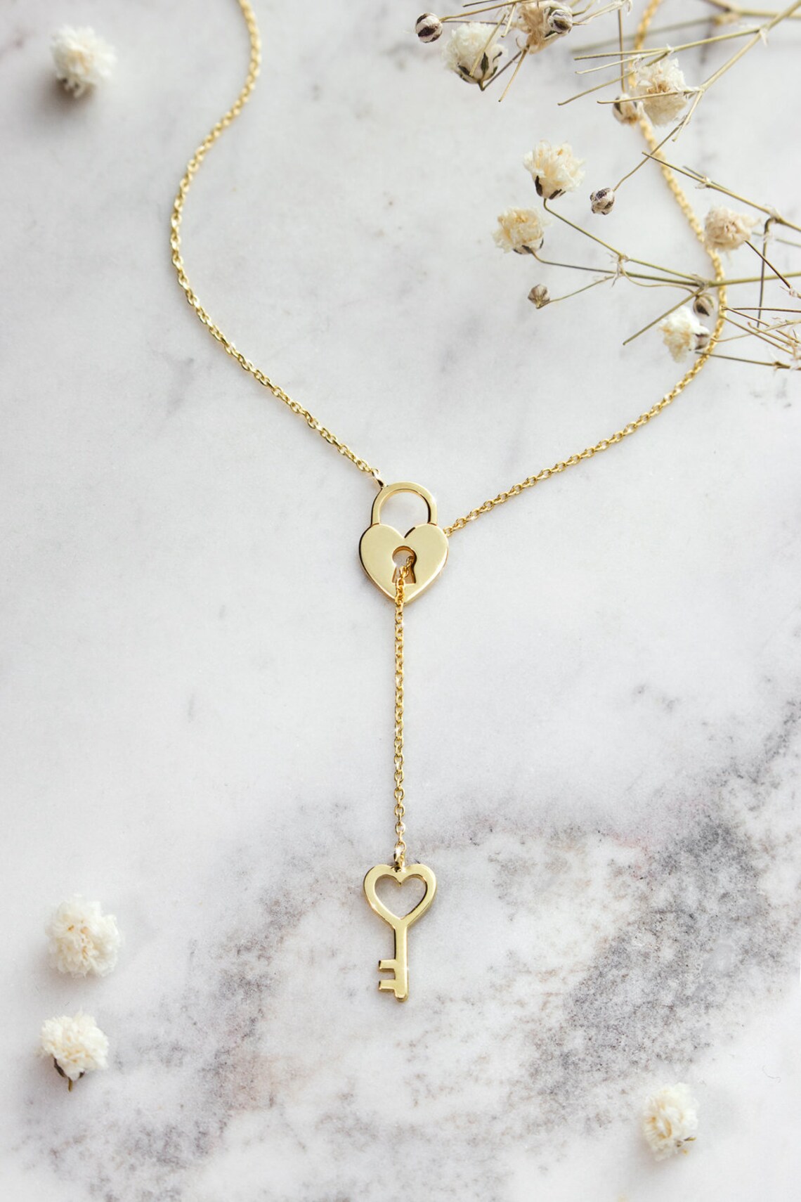 Gold Locket and Key Lariat, Gold Heart Necklace, 9K 14K 18K Yellow Gold ...