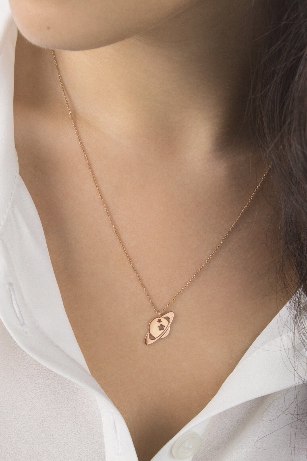 Solid Gold Saturn Pendant, 9K 14K 18K Gold Necklace, Rose Gold, Dainty ...
