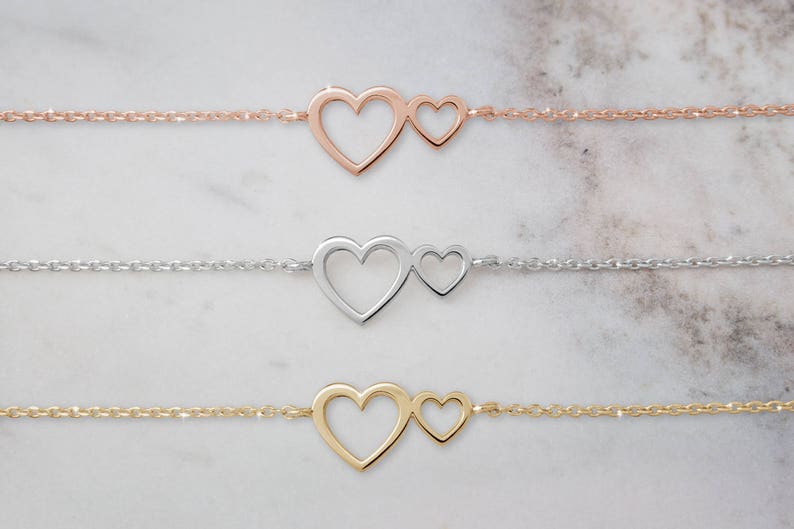 Romantic Two Heart Bracelet, 9K 14K 18K Yellow Gold Bracelet, Attached ...