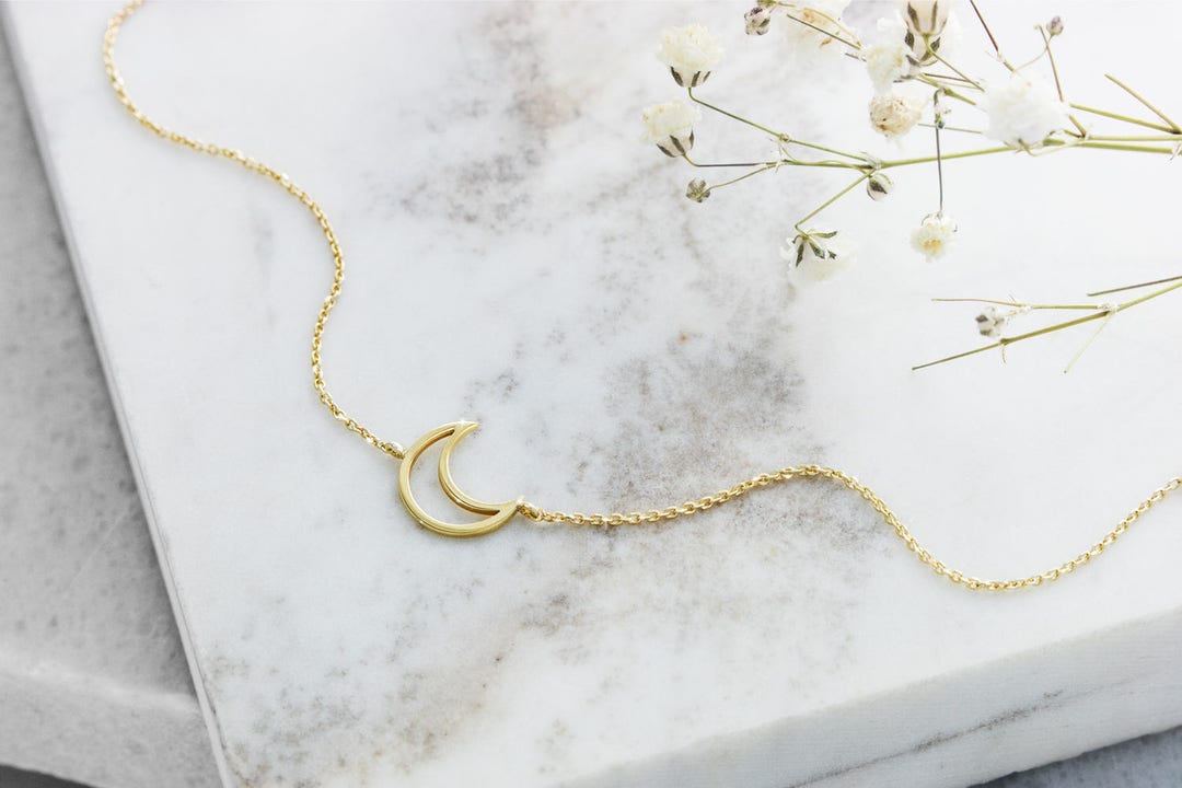 Small Half Moon Charm, 9K 14K 18K Yellow Gold Bracelet, Crescent Moon ...