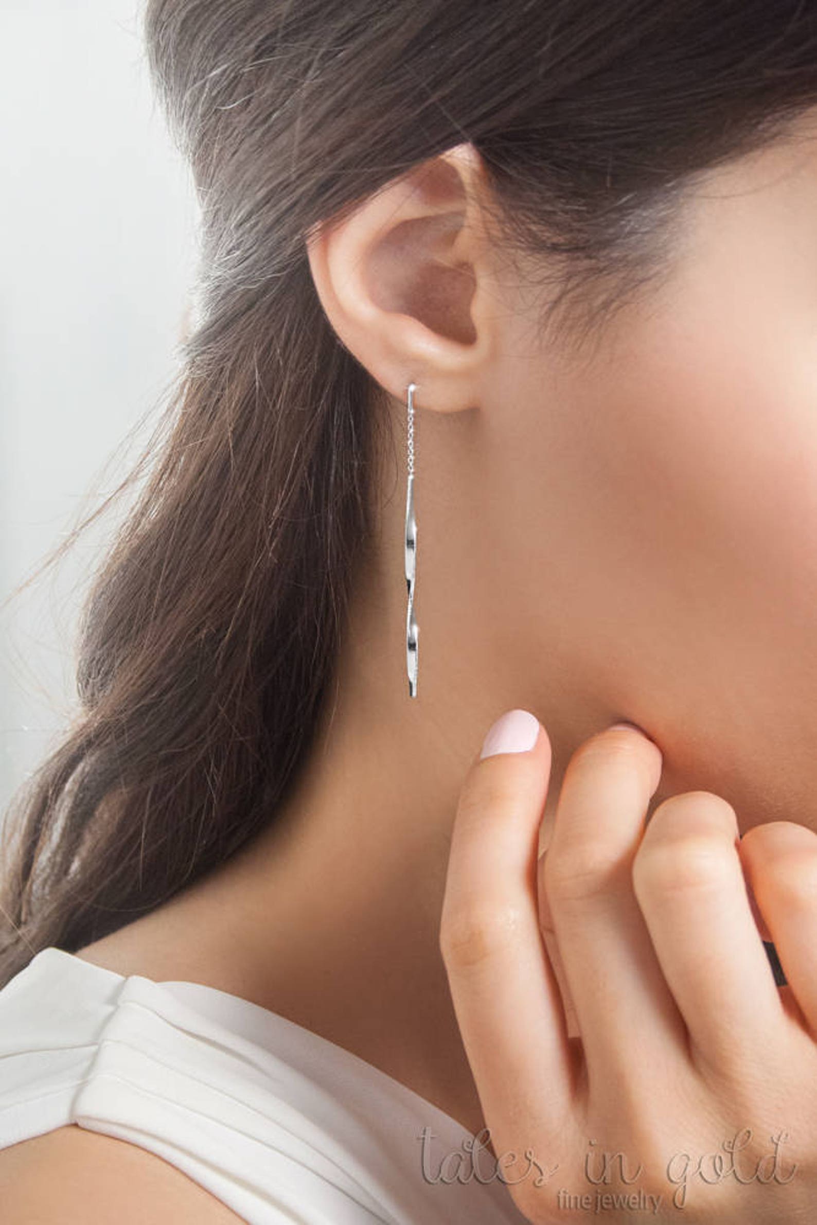 Rose Gold Long Earrings Curved Bar Earrings 9K 14K 18K Gold | Etsy