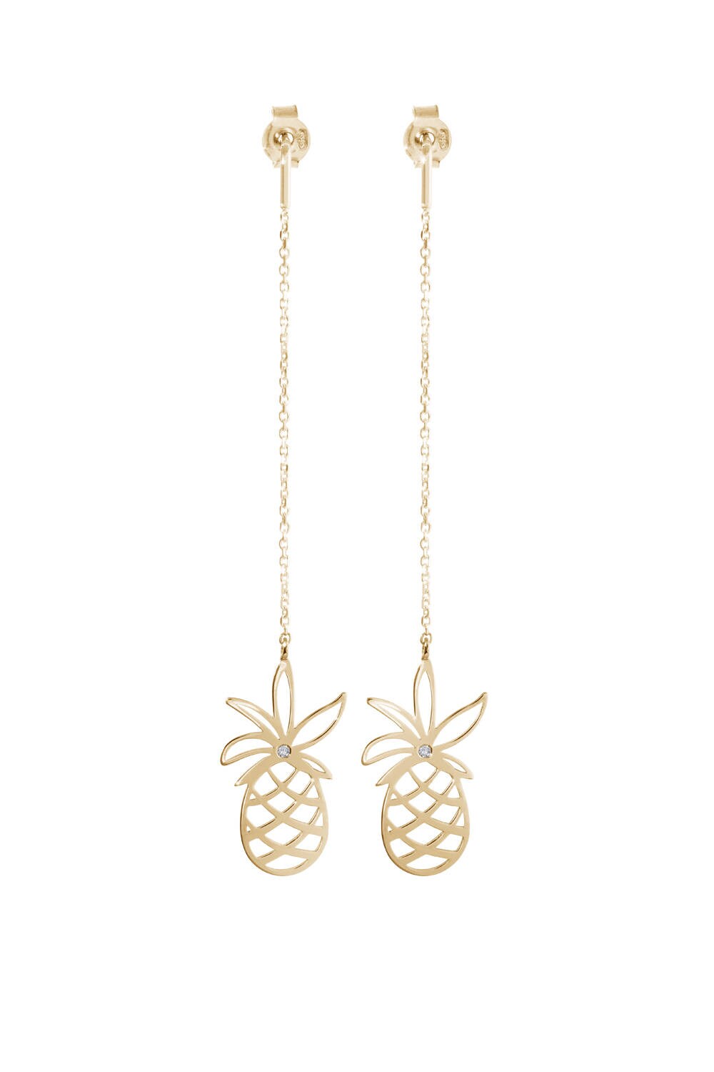 Gold Pineapple and Diamond Earrings, Tropical Long Gold Chain Earrings ...