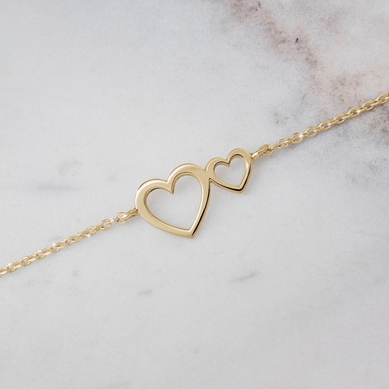 Romantic Two Heart Bracelet, 9K 14K 18K Yellow Gold Bracelet, Attached ...