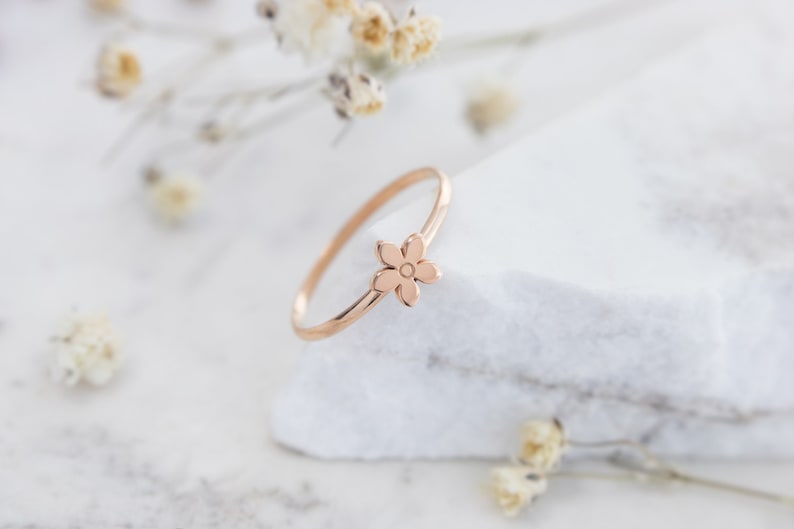 Tiny Flower Ring, 9K 14K 18K Rose Gold Ring, Dainty Floral Band, Solid ...