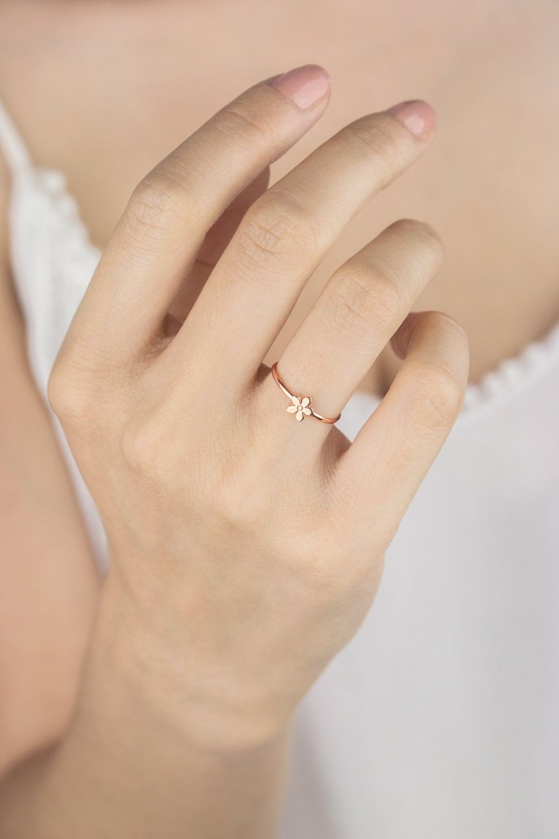 Tiny Flower Ring, 9K 14K 18K Rose Gold Ring, Dainty Floral Band, Solid ...