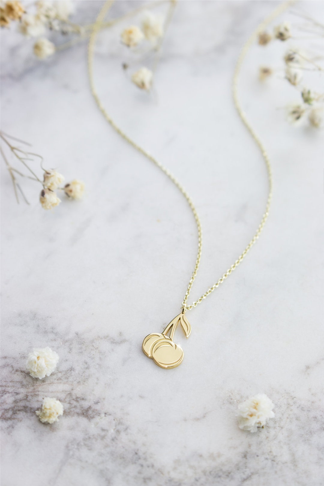 Gold Cherry Necklace, Double Cherry Pendant, 9K 14K 18K Gold Necklace ...