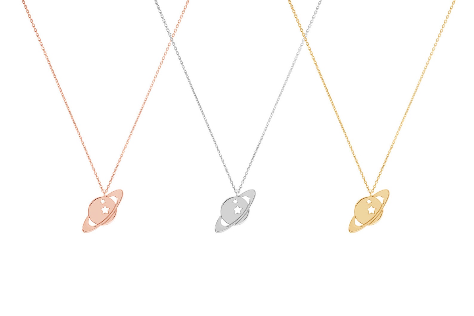 Solid Gold Saturn Pendant, 9K 14K 18K Gold Necklace, Rose Gold, Dainty ...