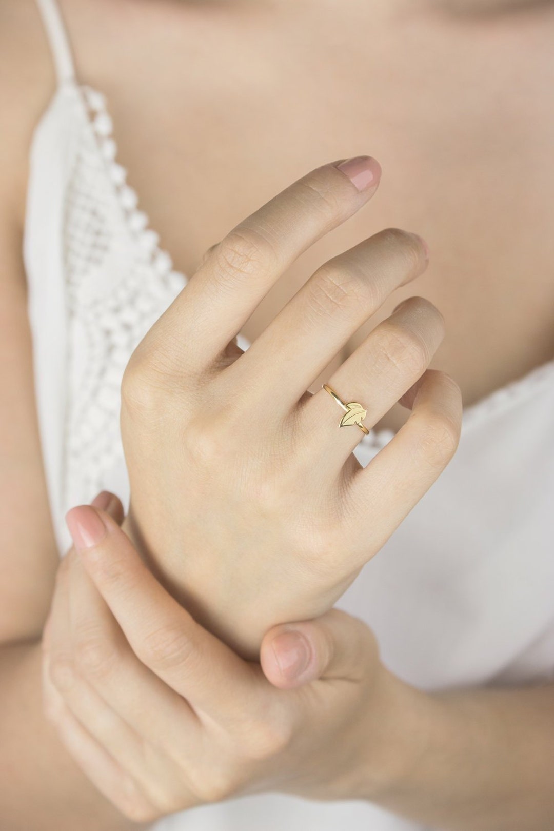 Double Leaf Ring, Engraved Gold Leaf, 9K 14K 18K Gold Ring, Yellow Gold ...