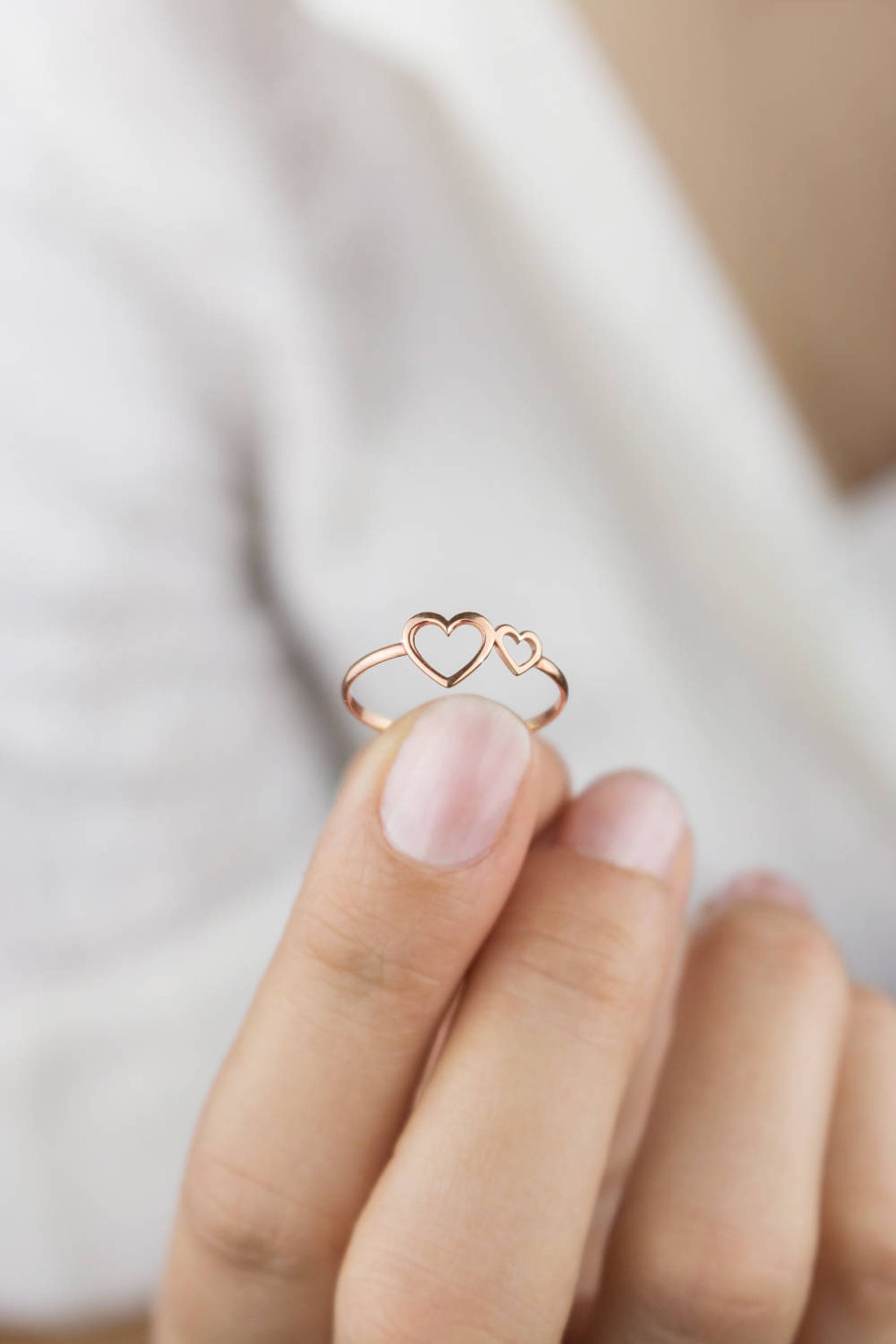 Double Heart Ring 9K 14K 18K Gold Ring Rose Gold Two Hearts - Etsy