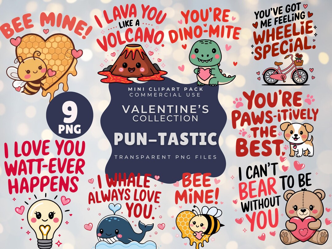 Valentines Pun Clipart, 9 PNG Pun-tastic Valentines Day Designs ...