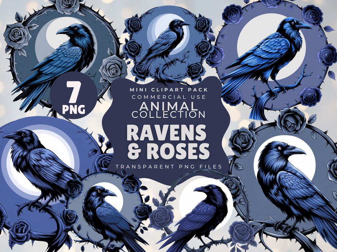 Ravens & Roses Clipart PNG, 7 Gothic Bird and Floral Designs, Digital ...