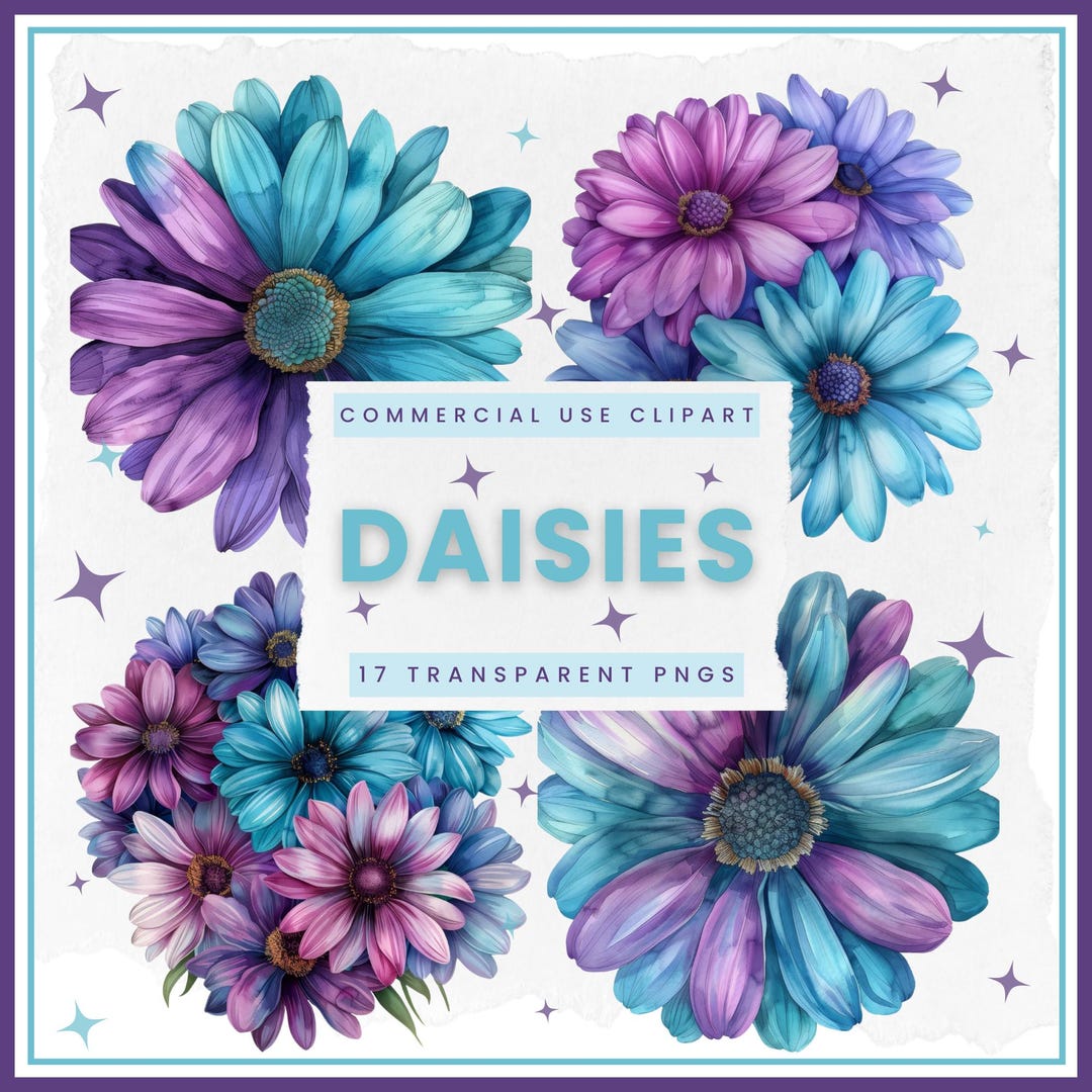 Purple and Blue Daisy Clipart, 17 PNG Floral Digital Download ...