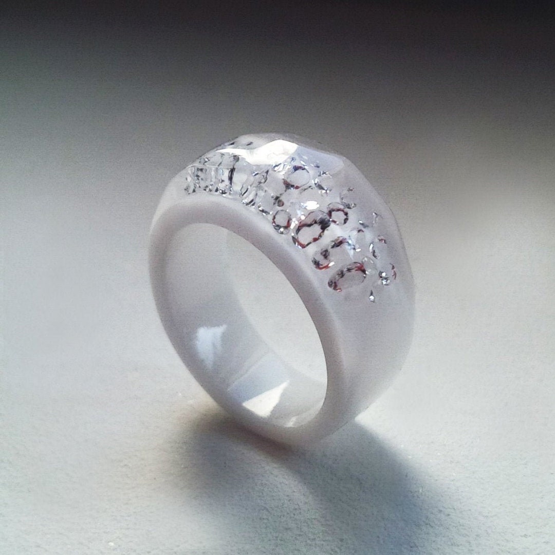 White Resin Ring With Tiny Zirconias, Sparkle Ring, Geometric Jewelry ...
